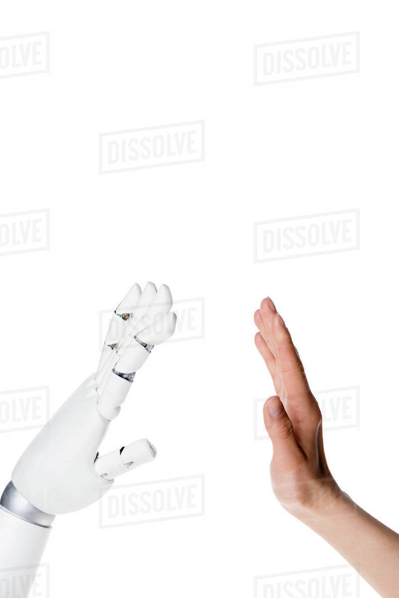 Cropped shot of robot and human making high five gesture isolated on ...