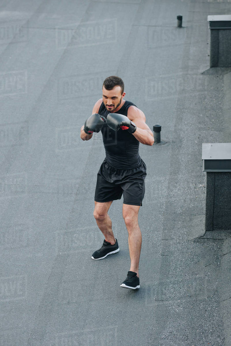 High angle view of handsome boxer training on roof - Stock Photo - Dissolve