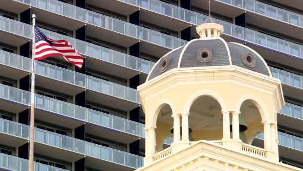 Close-up shot of the Bellagio bell tower decorating its sign along the ...