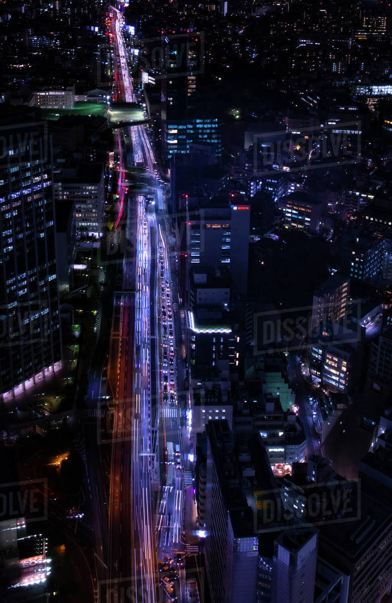 A night neon town high angle wide shot. Shibuya district Shibuya Tokyo ...