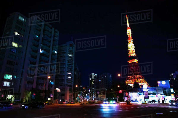 Night crossing behind the high tower . Minato district Tokyo / Japan ...