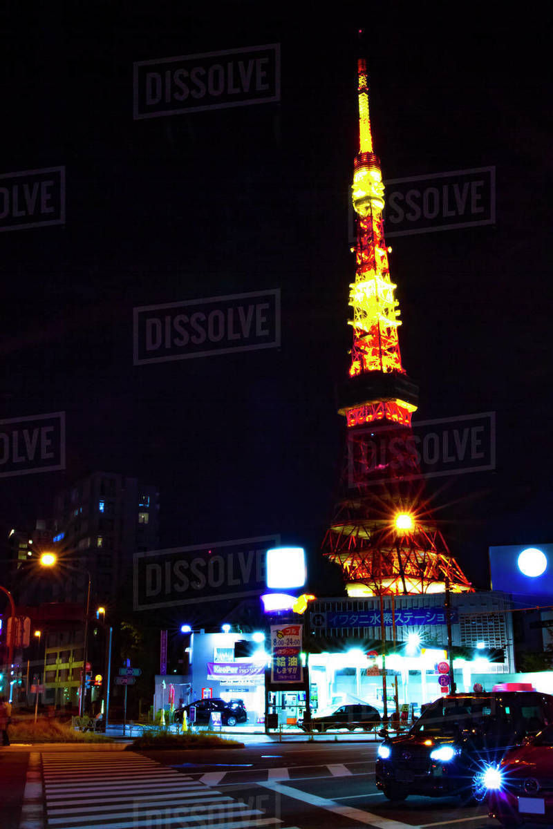 Night crossing behind the high tower . Minato district Tokyo / Japan ...