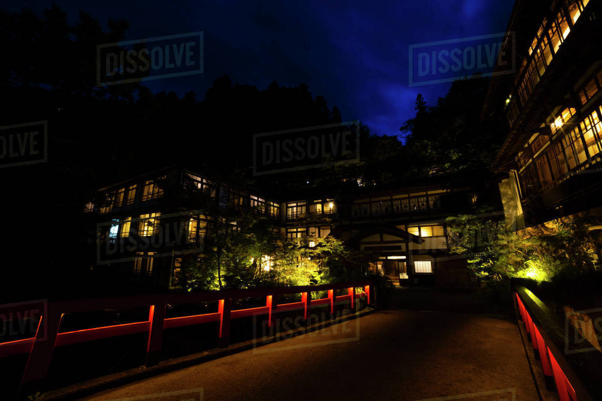 An old fashioned architecture in Nakanojo Gunma at night wide shot ...