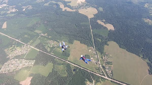 Skydiving. Relative work. Two skydivers are training in the sky ...