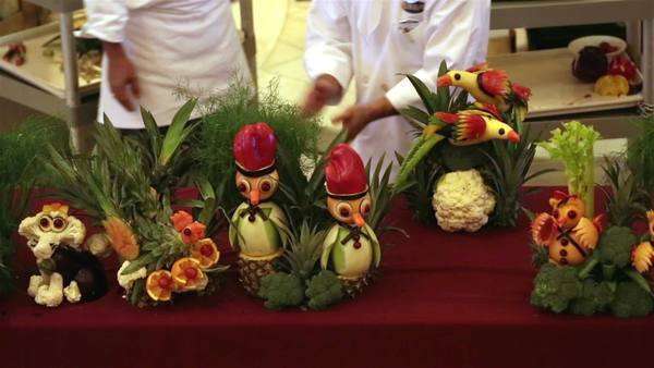 Cruise ship decorative fruit and vegetable food. Cruise ship Chef and ...