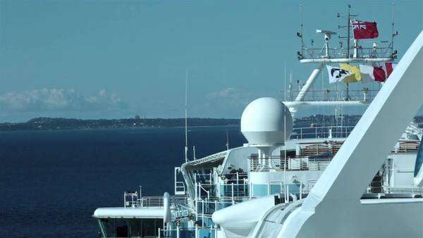 Cruise ship radar navigation into port. Cruise ship passengers on deck ...