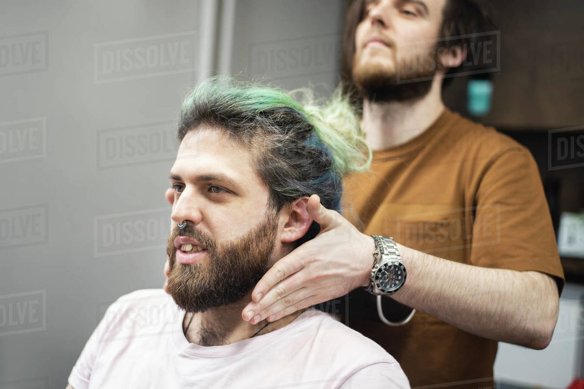 Barber styling a beard of male customer at barber shop - Stock Photo ...