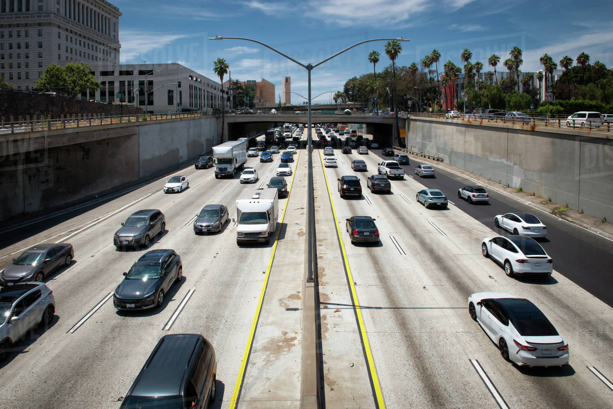 Aerial view of cars driving on the 101 freeway seen from North Main ...