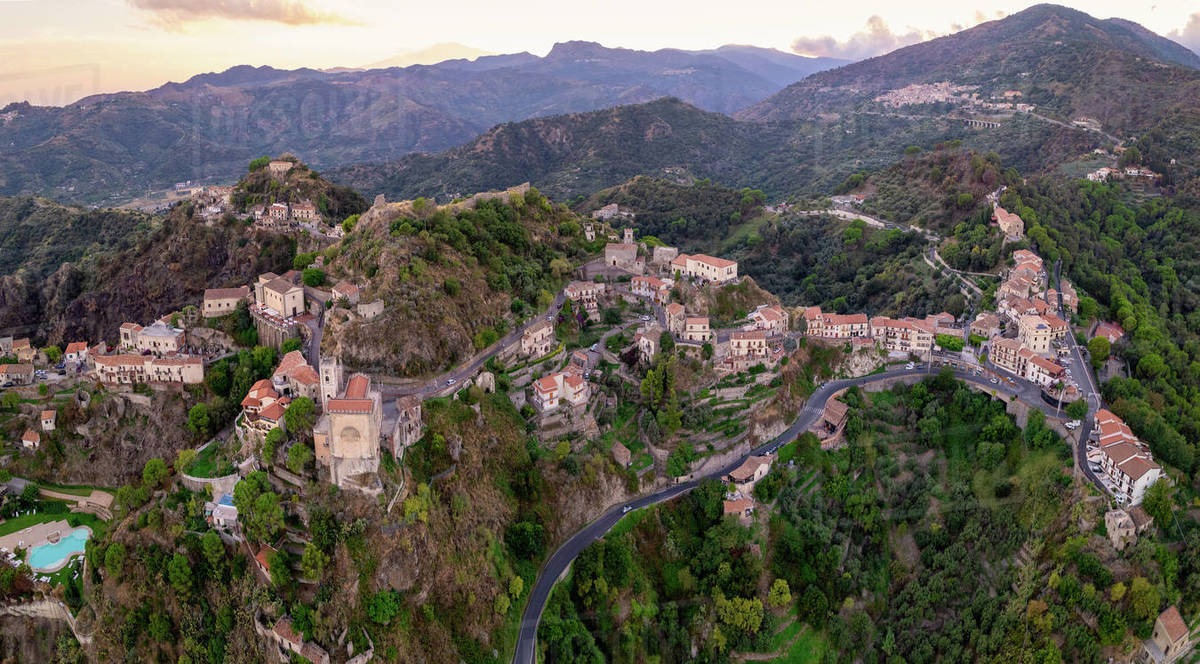 Aerial view of hilltop village, Savoca, Messina, Sicily, Italy - Stock ...