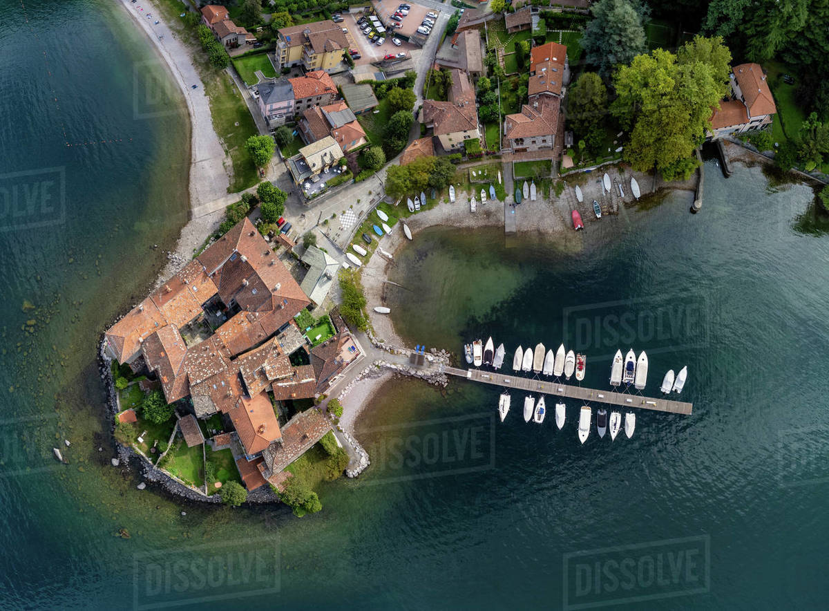 Aerial view of peninsula and village on lake Como, Lierna, Lecco ...