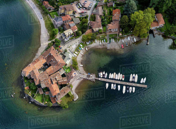 Aerial view of peninsula and village on lake Como, Lierna, Lecco ...