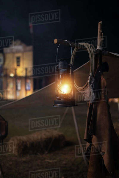 Close-up of a lantern and rope hanging at a cowboy camp - Royalty-free ...