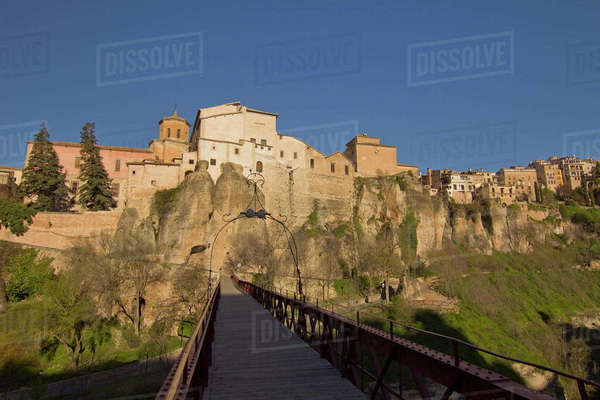 Bridge across gorge to the medieval town of Cuenca, Castilla-La Mancha ...