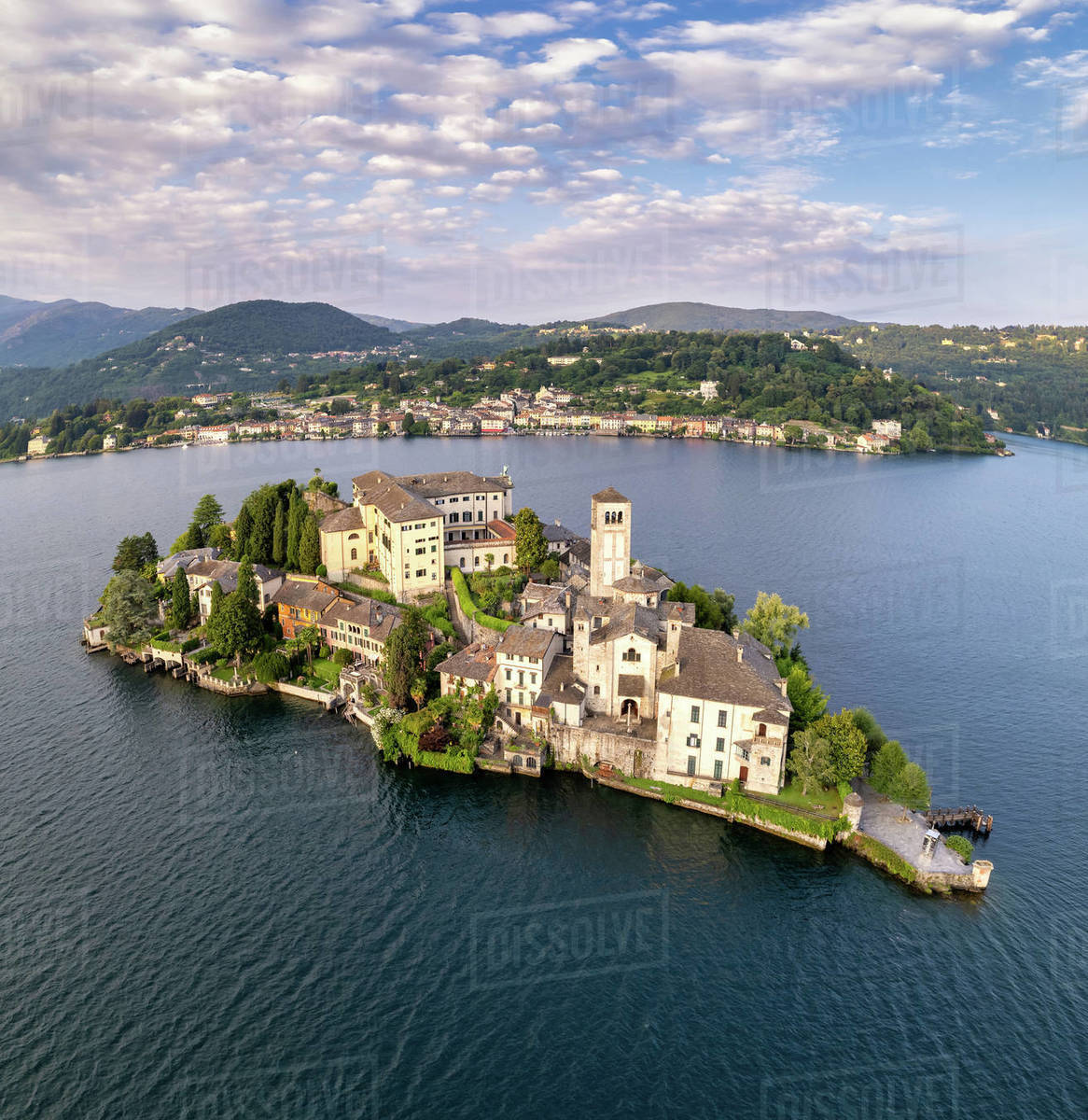 Aerial view of San Giulio island (St Julius island) and Orta San Giulio ...