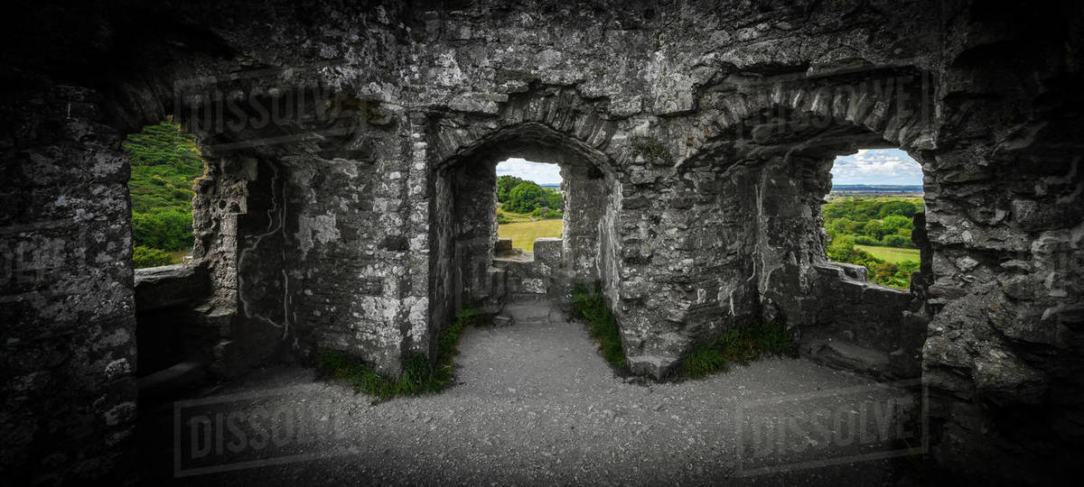 UK, England, Dorset, Corfe Castle, Embrasures in castle wall - Stock ...