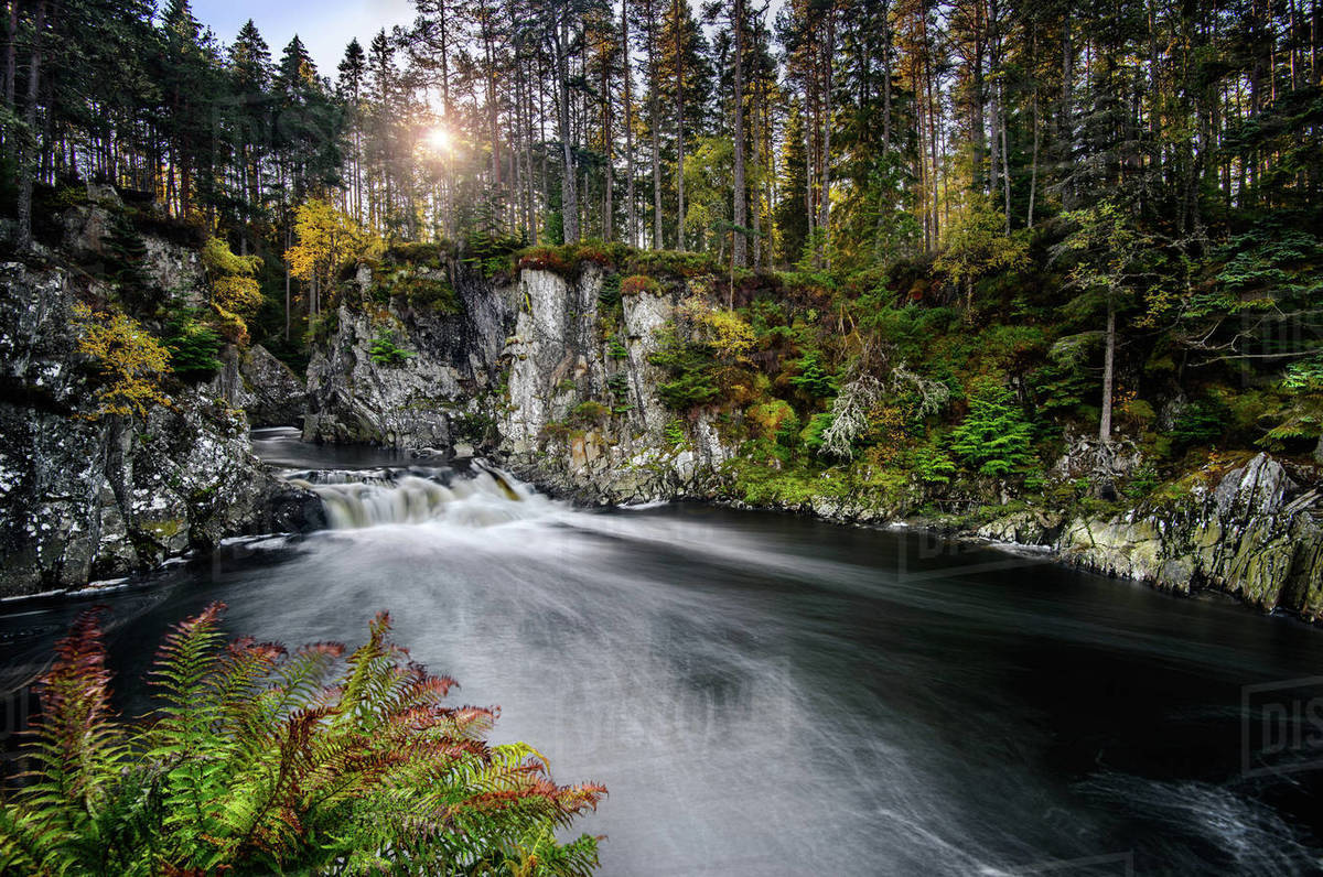 UK, Scotland, Pattack Falls, Waterfall in forest - Royalty-free Stock ...