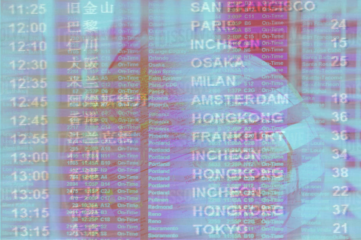 Destination board information at airport, overlaid onto globe - Royalty ...