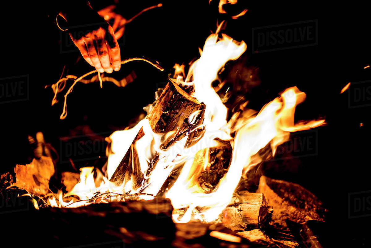 Close-up of hands putting twigs on camp fire - Royalty-free Stock Photo ...