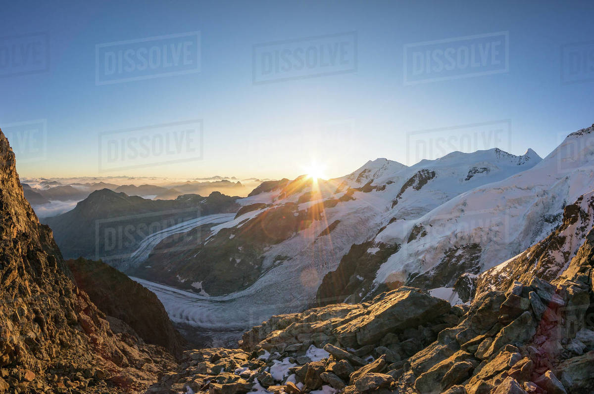 Sunrise over the Swiss Alps above Aletsch glacier, Graubunden ...