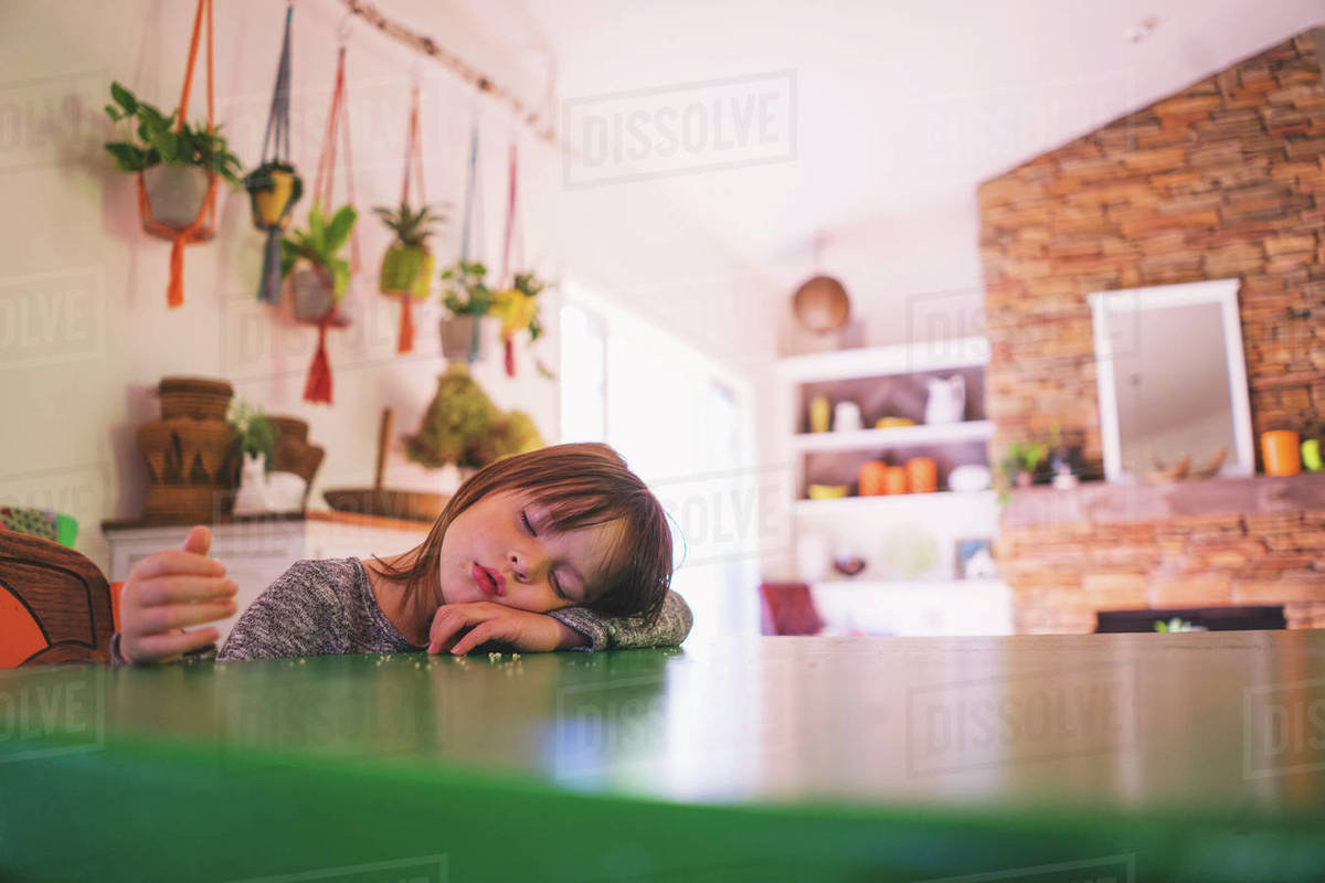 Girl sleeping at kitchen table - Royalty-free Stock Photo | Dissolve