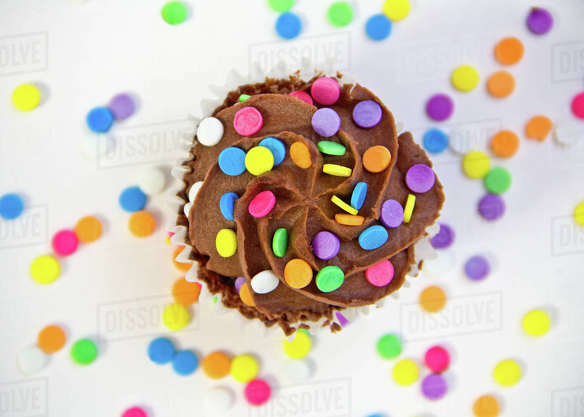 A close up overhead view of a chocolate flavored cupcake with chocolate ...