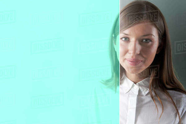 Portrait of businesswoman standing behind glass screen - Stock Photo ...