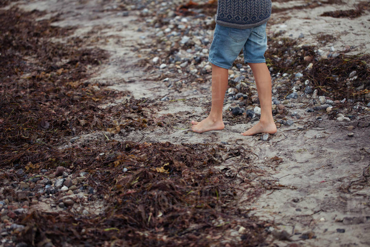Close-up of a boy walking barefoot on the beach, Denmark - Royalty-free ...
