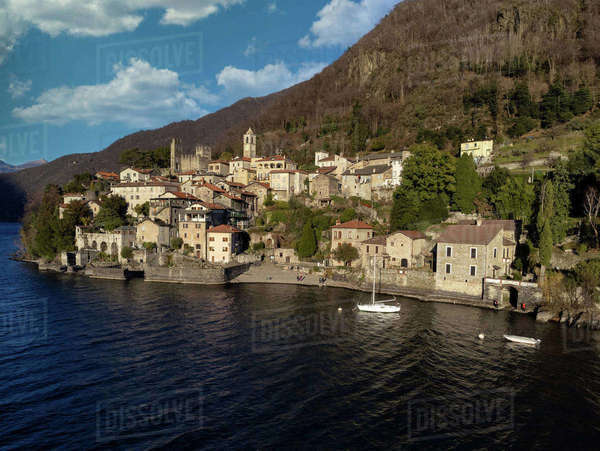Coastal view of Dervio along shore of Lake Como, Lecco, Lombardy, Italy ...
