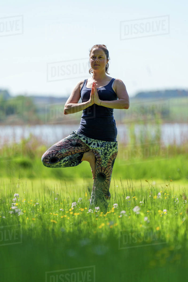 Woman doing tree pose by Wallersee, Salzburg, Austria - Stock Photo ...