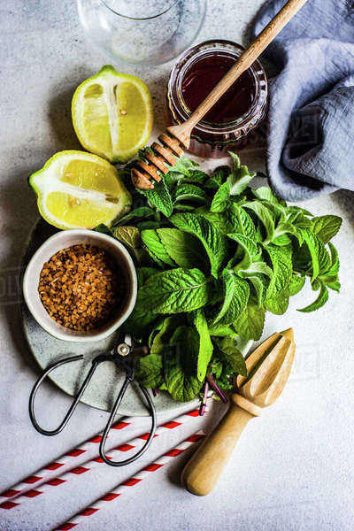Overhead view of ingredients for making fresh lemonade on a table ...