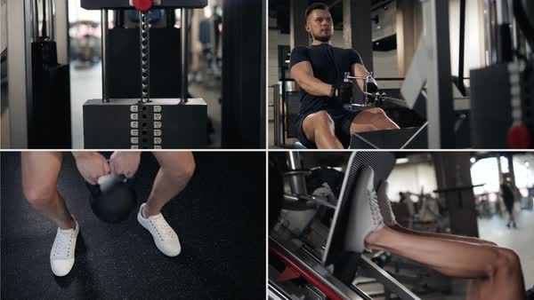 Collage of athlete bodybuilder, power athletic guy, execute exercise in ...