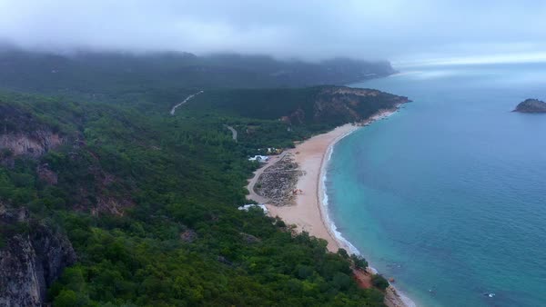 Flight over amazing sandy beaches at the ocean in paradise - Stock ...