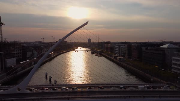 Samuel Beckett Bridge over River Liffey in Dublin - aerial view - 4K ...