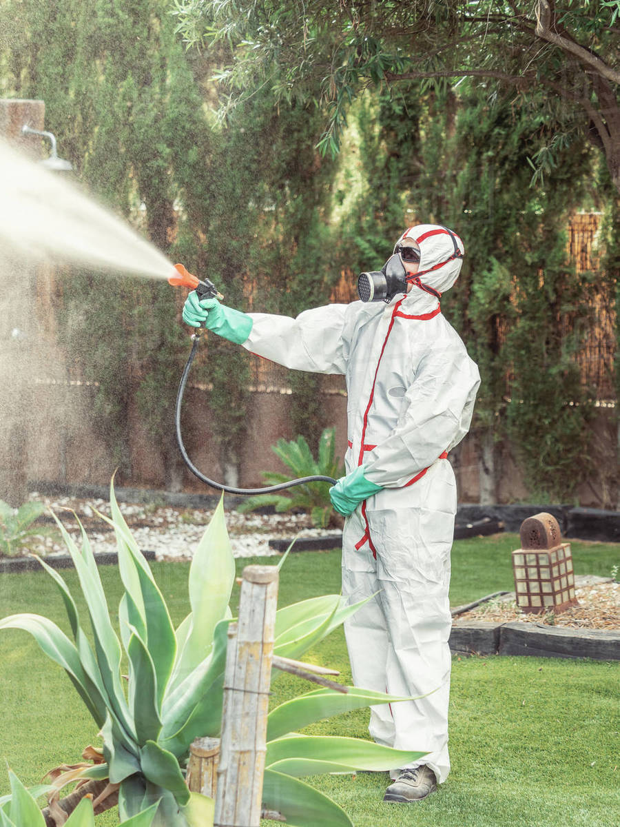 Fumigator in white uniform spraying substance on garden - Royalty-free ...