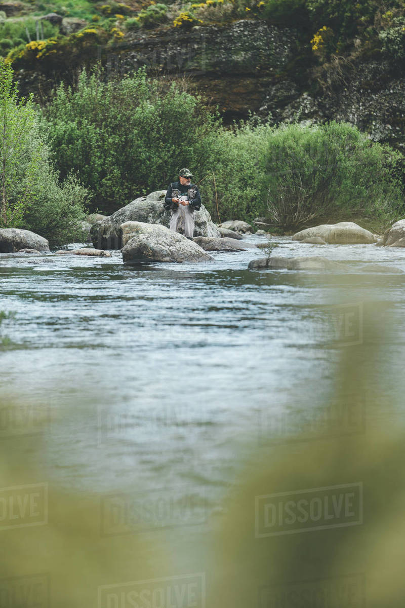 Equipped man harling fish while standing inside water in river stream ...
