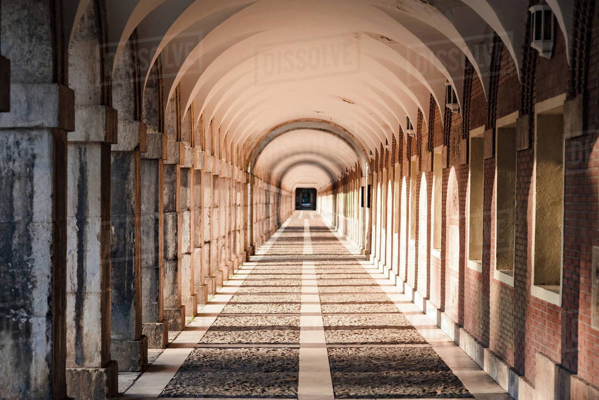 Perspective view of amazing historical building with arched stone ...
