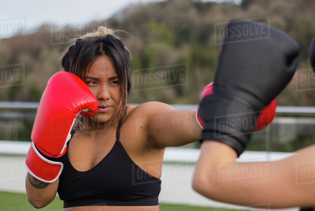 Multiethnic brutal female fighters in boxing gloves training punches ...
