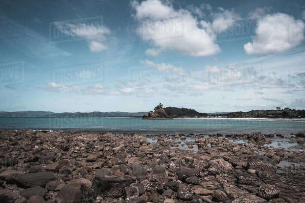 Little rock island with trees between water surface on New Chums beach ...