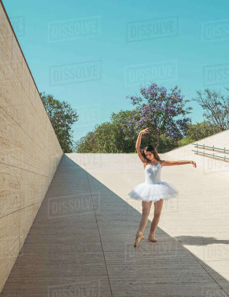 Classical ballet position gracefully performing by ballerina with ...