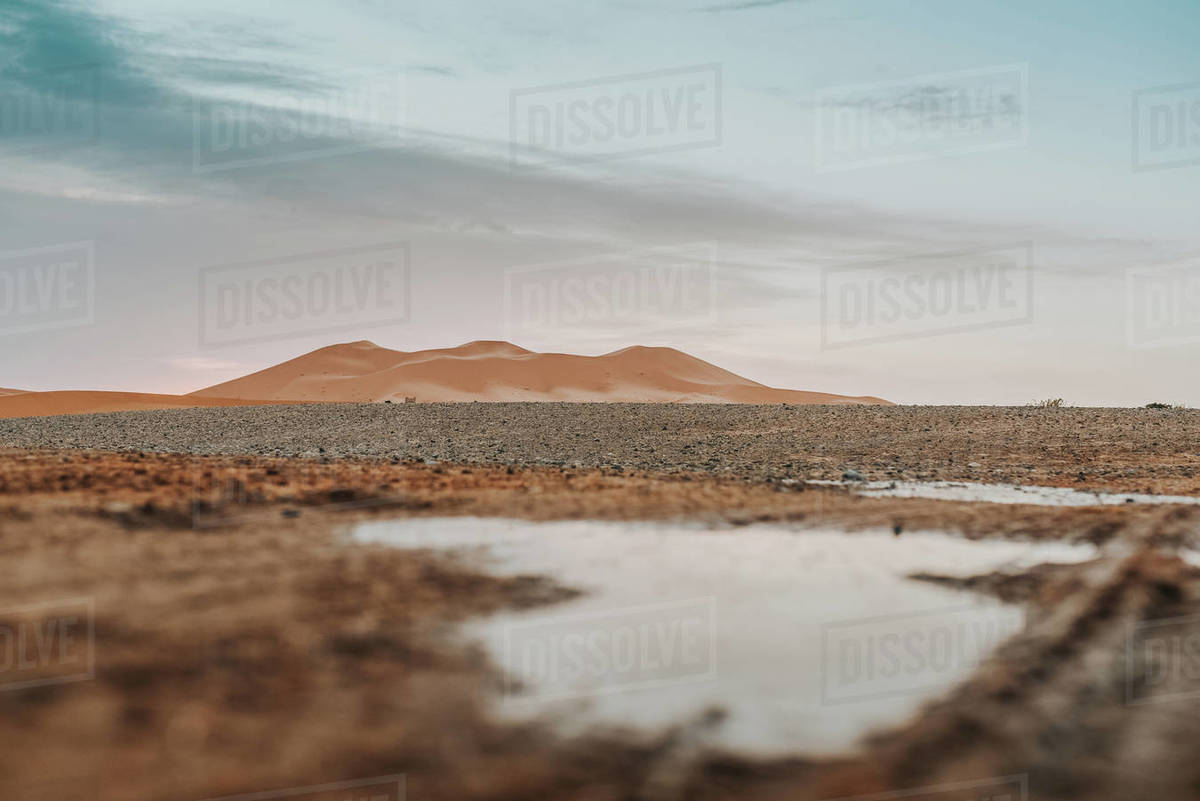 African desert scenery with water puddles on dry desolate terrain with ...