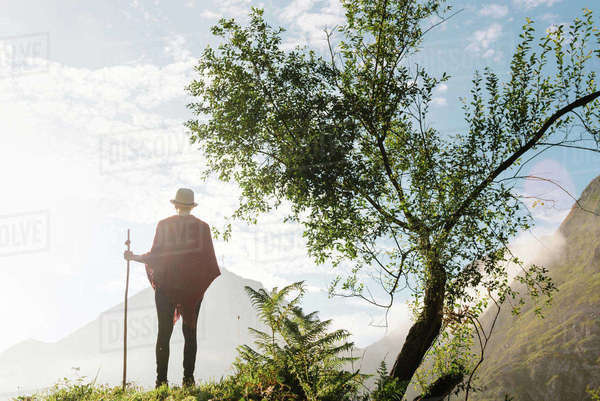 Back view of unrecognizable wanderer with wooden staff enjoying sunrise ...