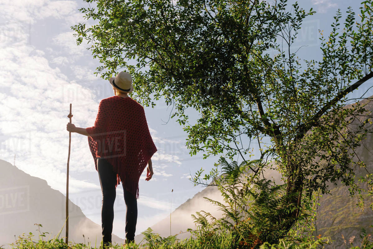 Back view of unrecognizable wanderer with wooden staff enjoying sunrise ...