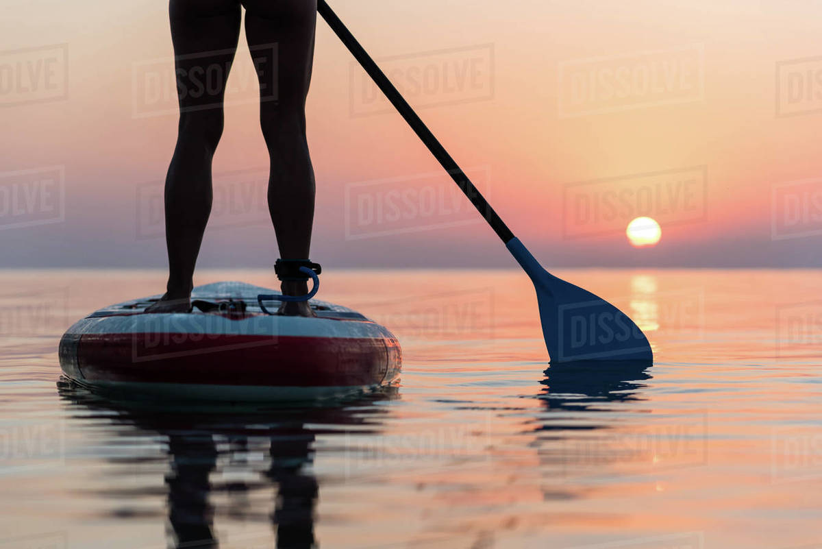 Back view of crop anonymous woman standing on surfboard and rowing with ...