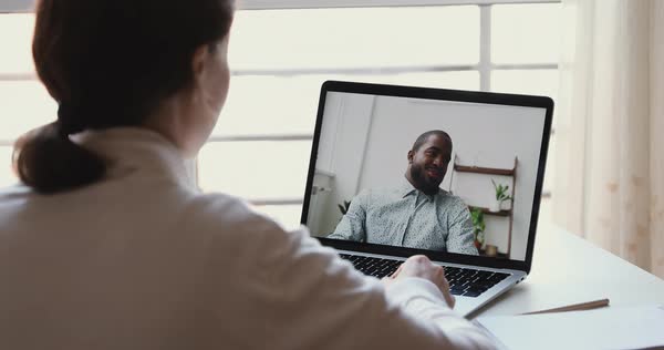 Diverse distance workers or friends communicating in virtual webcam ...