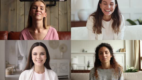 Four happy women distance friends chatting making group video call ...