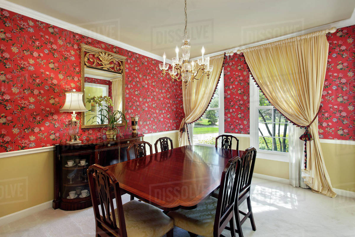 Dining room in suburban home with flowered wallpaper. - Royalty-free ...