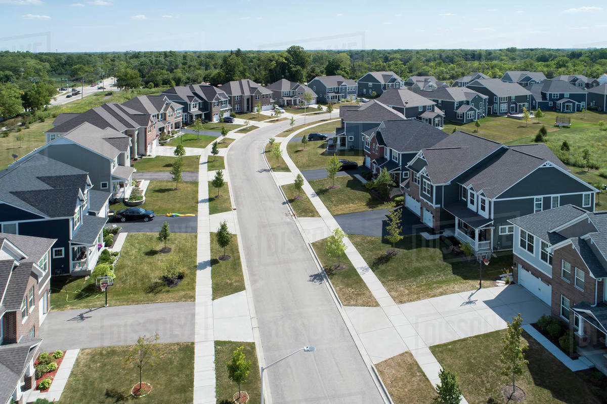 Aerial view of a housing community in a neighborhood suburban location ...