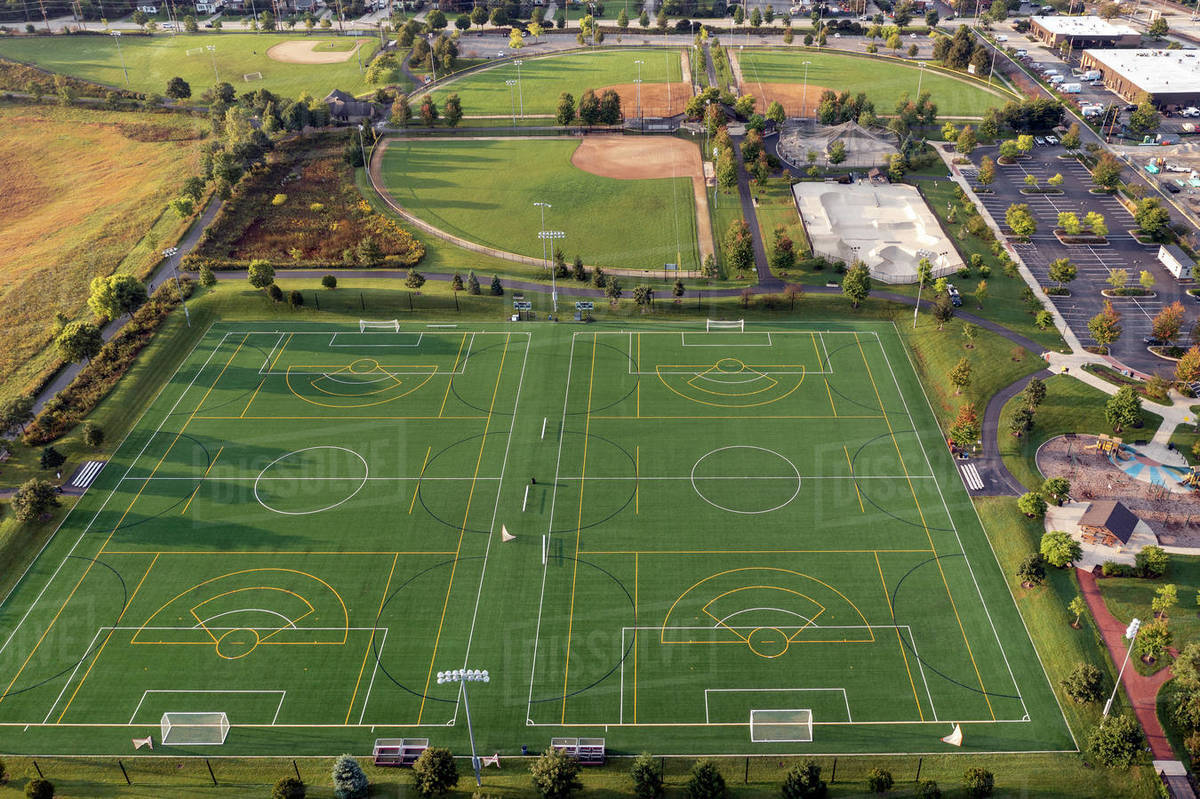 Aerial view of a sports complex with baseball/softball diamonds ...