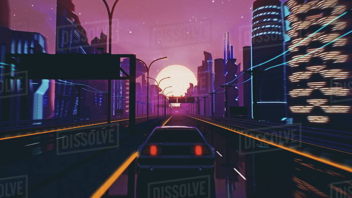Retro-futuristic 80s style drive in neon city. Cyberpunk sunset ...