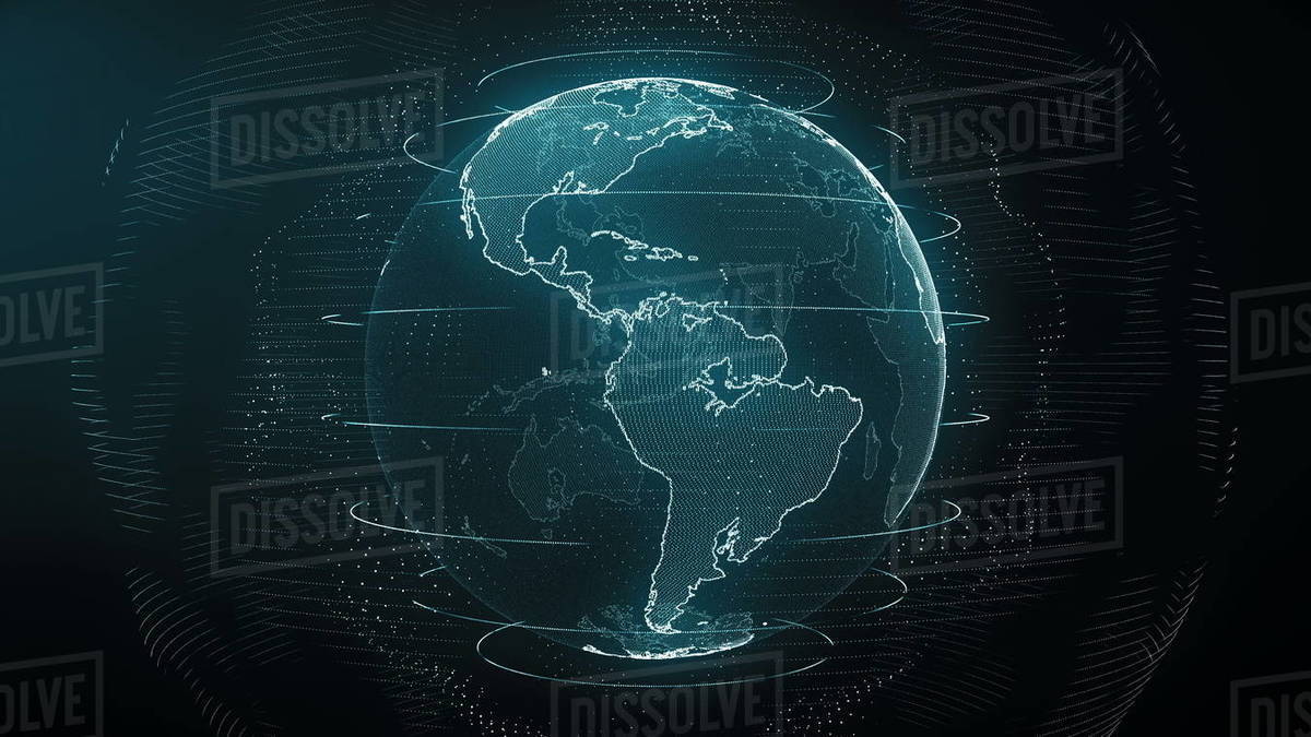Futuristic cyan digital Earth America skyline showing lobal data ...
